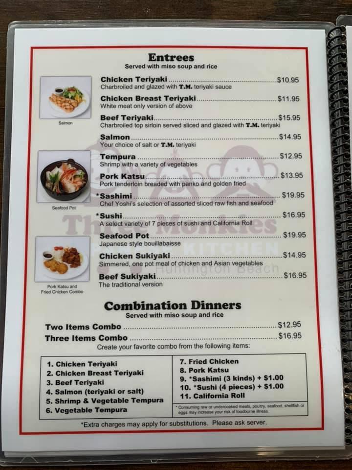 Menu at Three Monkeys restaurant, Huntington Beach