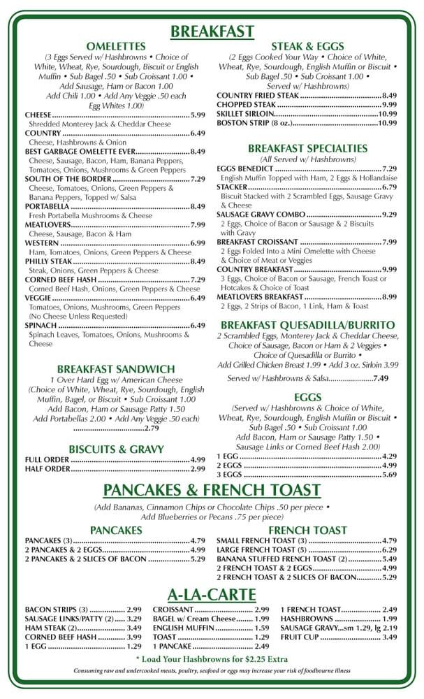 Menu at Union Street Diner restaurant, Athens