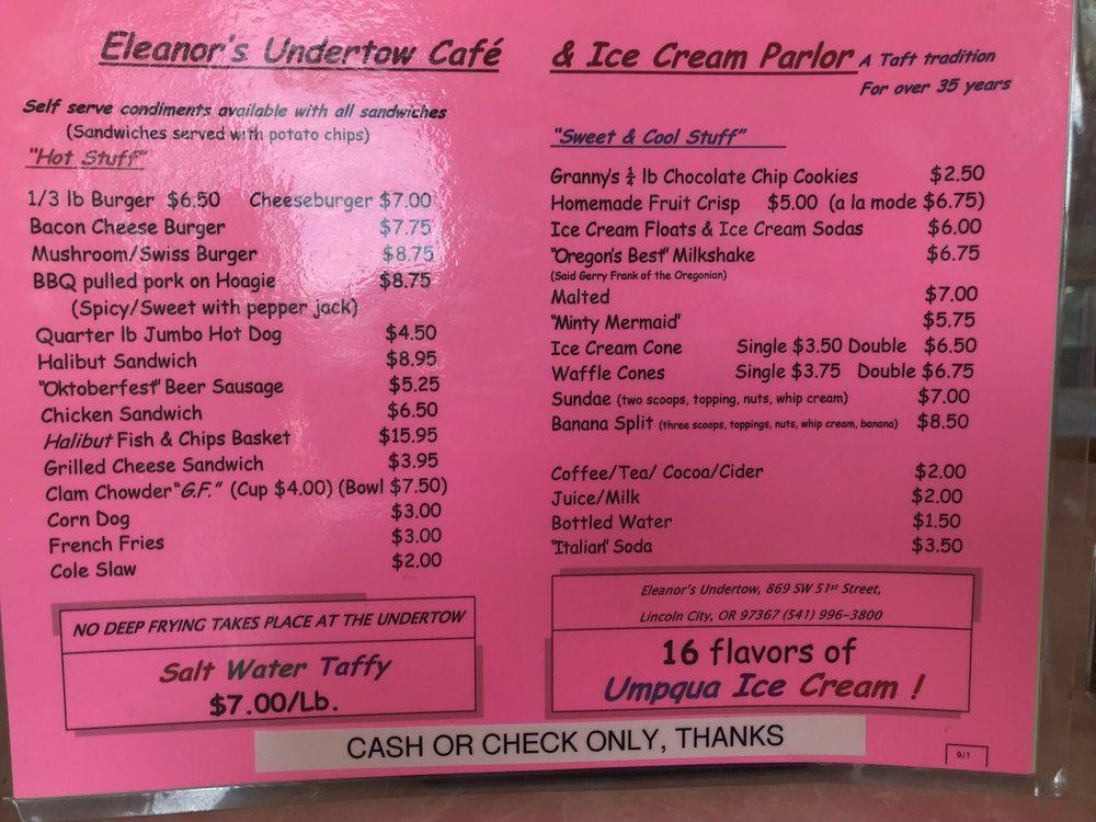 Menu at Eleanor's Undertow Takeout restaurant, Lincoln City