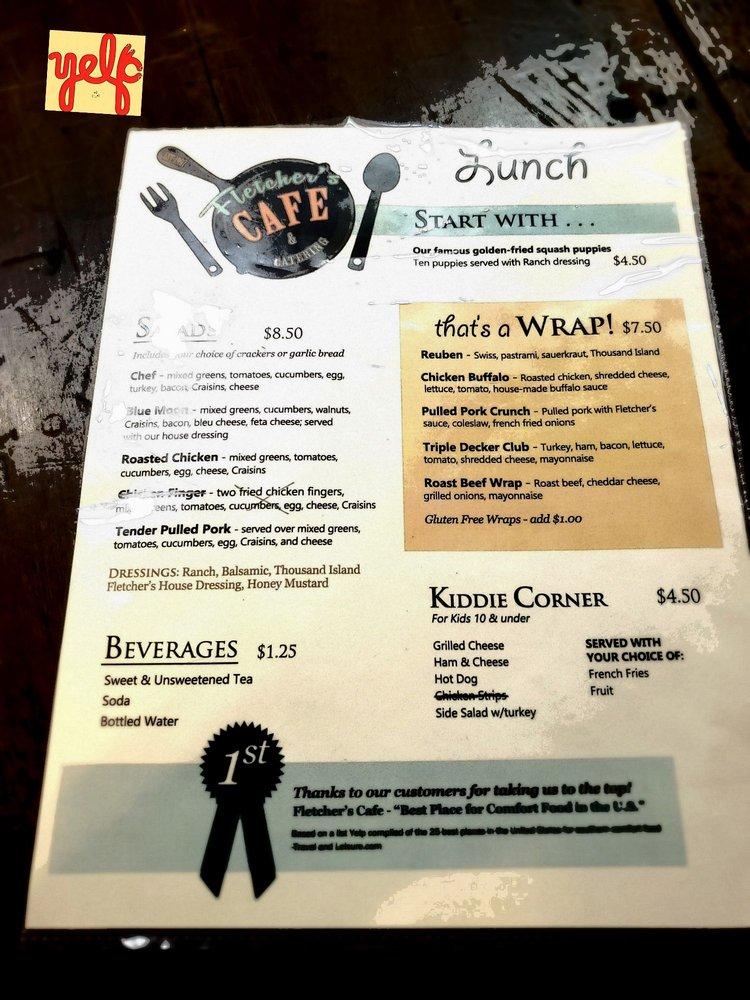 Menu at Fletcher's and Company Antiques and Rugs restaurant, Yemassee