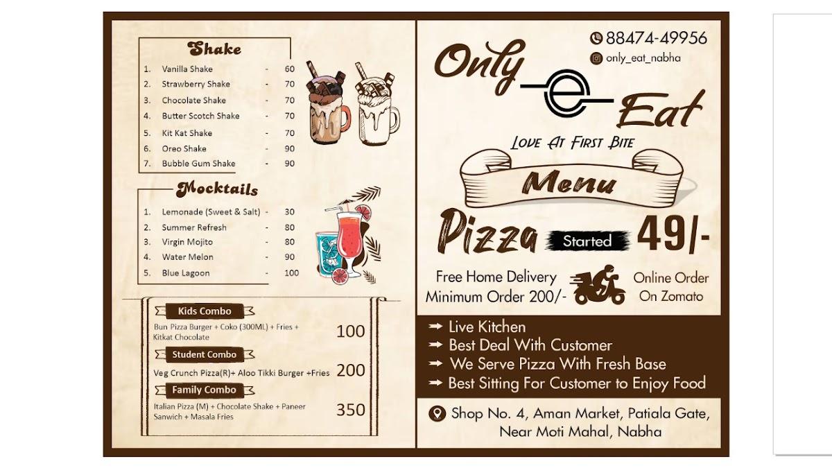 Menu at Only eat, Nabha