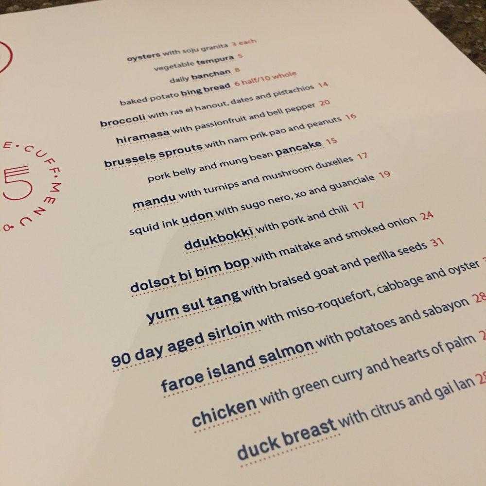 Menu at Parachute restaurant, Chicago