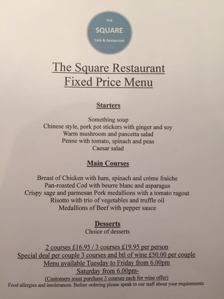 Menu at The Square restaurant, Belfast