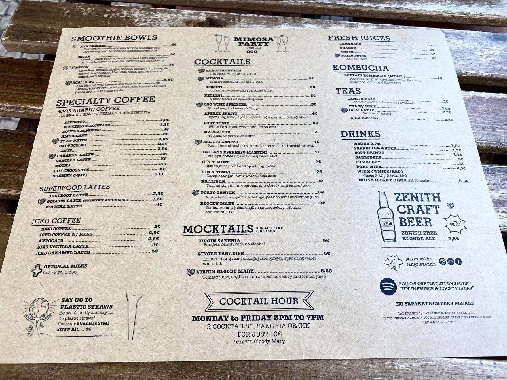 Menu at Zenith - Brunch & Cocktails Bar, Porto, Praça de Carlos Alberto 86