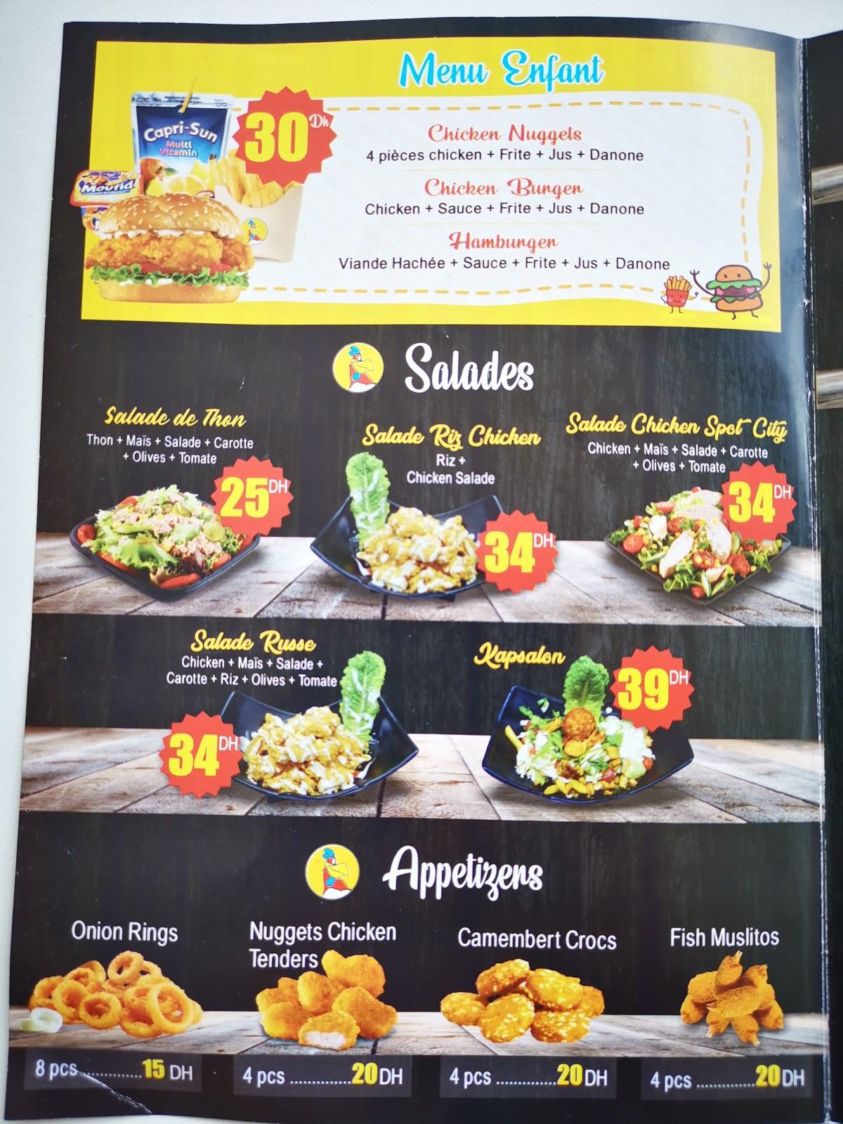 Menu at Chicken Spot City restaurant, Morocco
