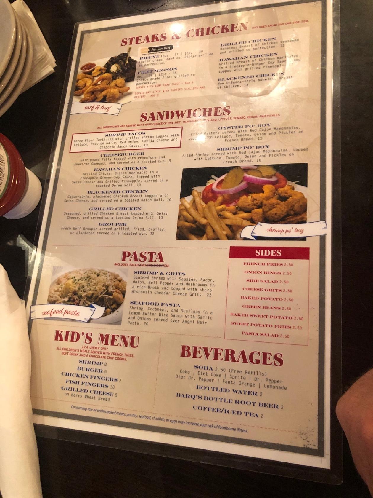 Menu at Rusty's Riverfront Grill restaurant, Vicksburg