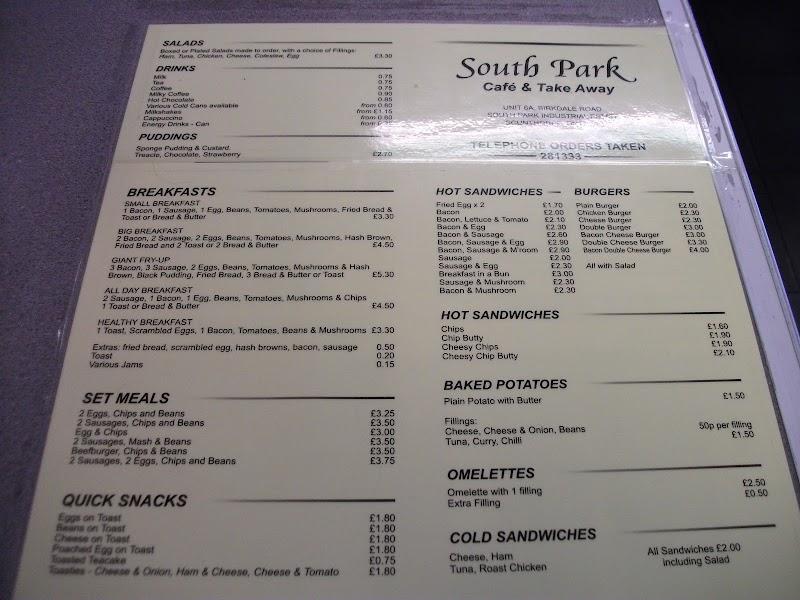 Menu at South Park Cafe, Scunthorpe, 6a Birkdale Rd