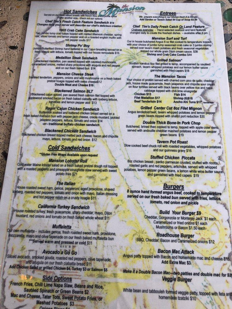 Menu at The Mansion restaurant, Melbourne, E New Haven Ave