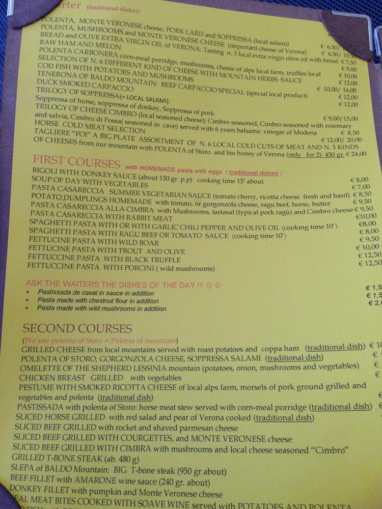 Menu at Osteria Verona Antica restaurant, Verona, Via Sottoriva