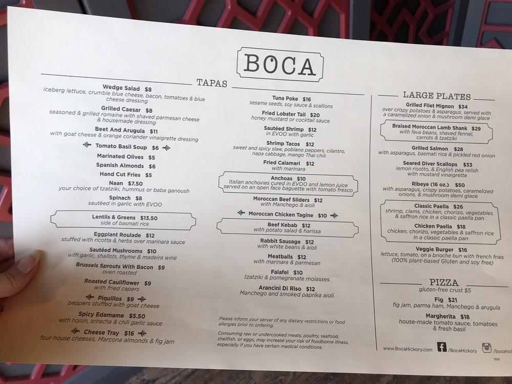 Menu at Boca pub & bar, Hickory