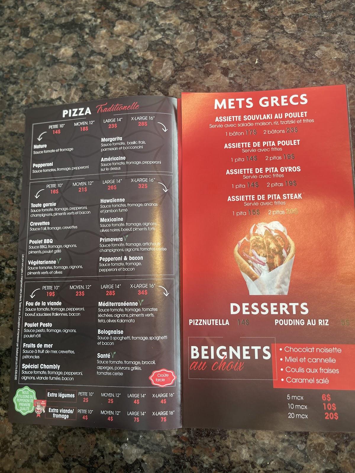 Menu au Chambly Pizzeria, Chambly