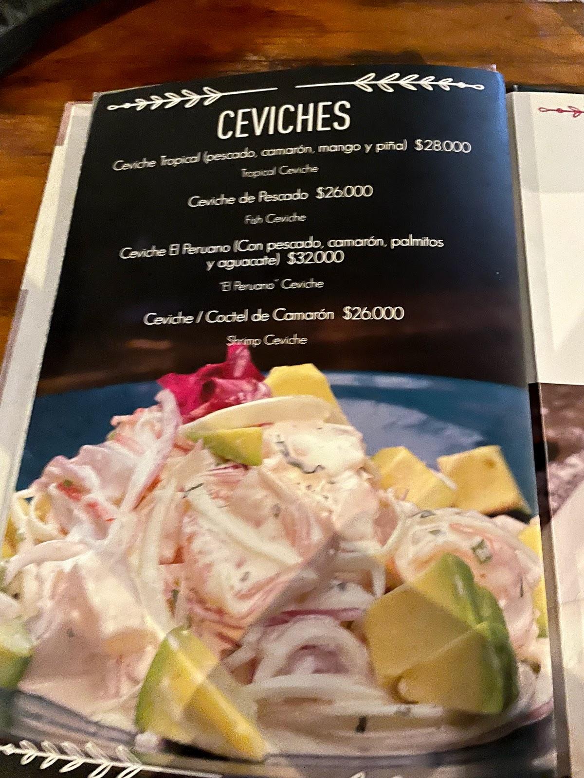 Menu at EL PERUANO restaurant, San Andrés