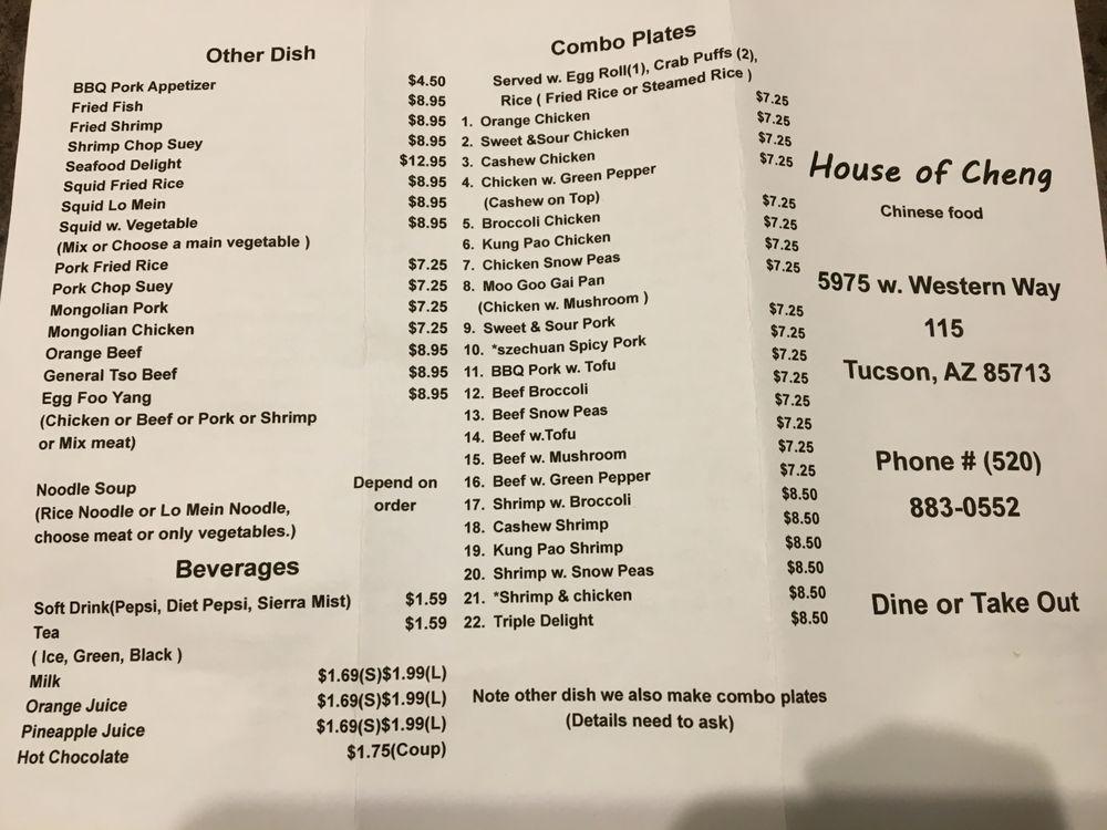 Menu at House of Cheng restaurant, Tucson, W Western Way Cir # 115
