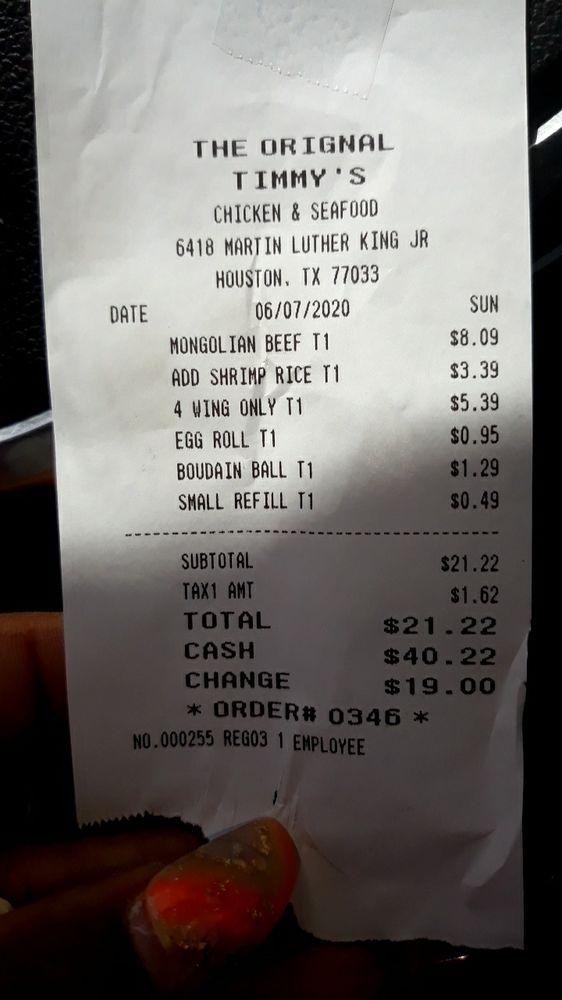 Menu at Original Timmy Chan restaurant, Houston, Martin Luther King Blvd