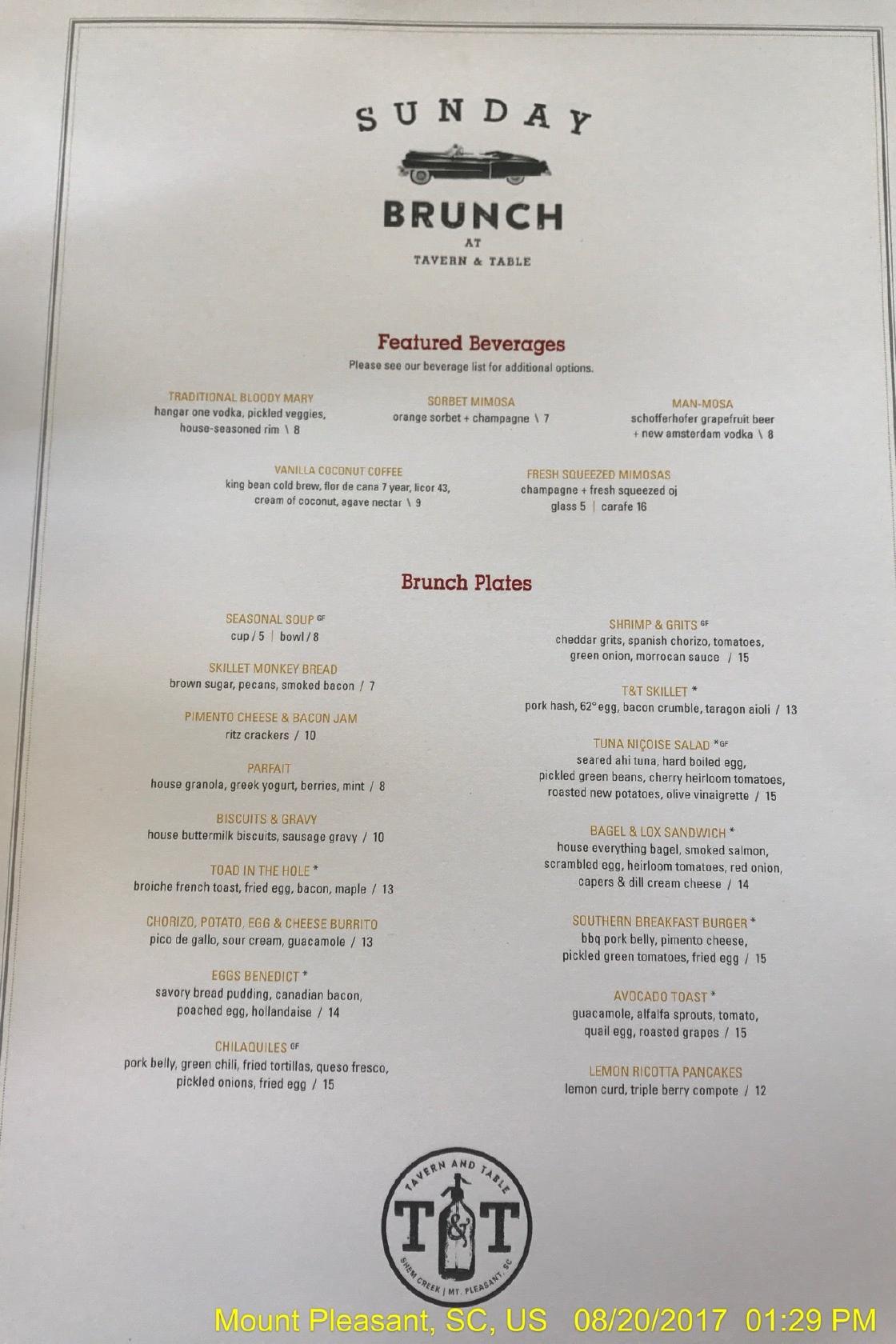 Menu at Tavern & Table restaurant, Mount Pleasant