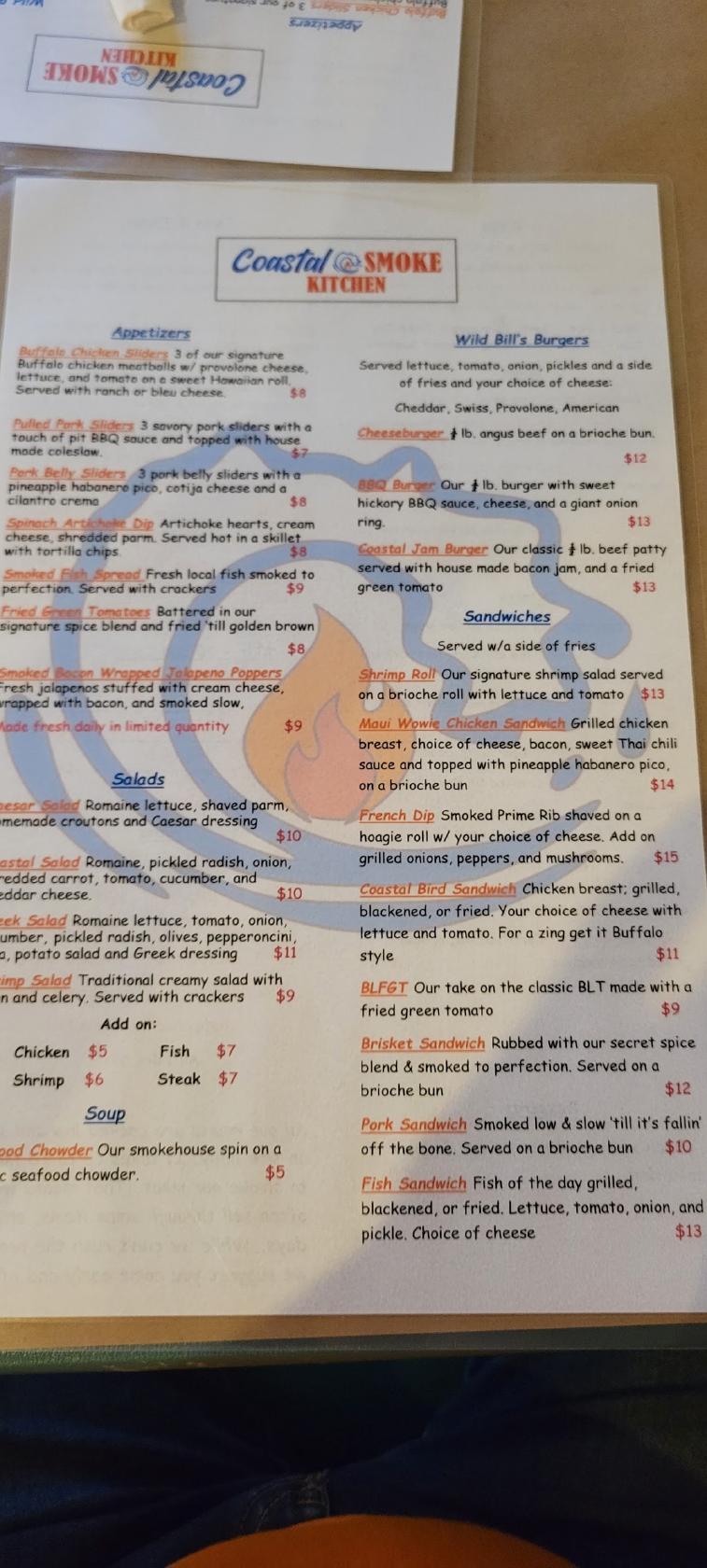 Menu at Coastal Smoke Kitchen restaurant, Hudson