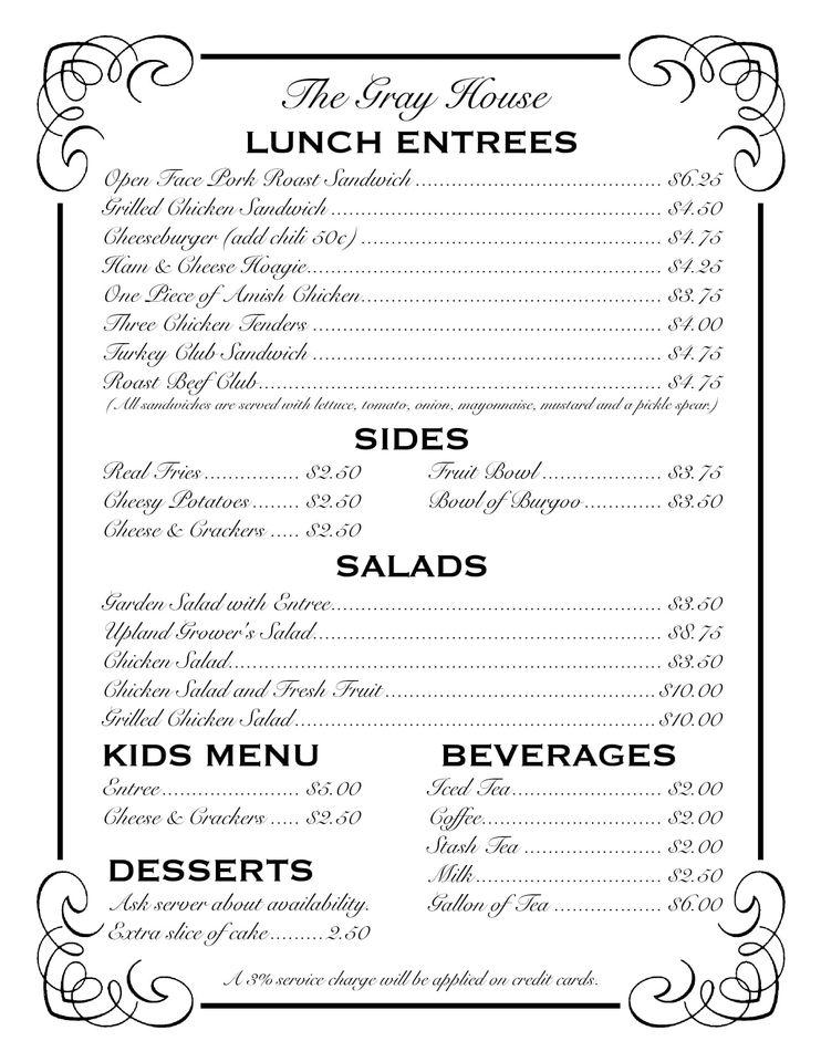 Carta del restaurante Gray House, Starr