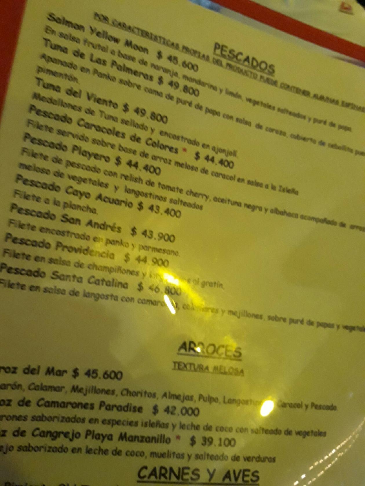 Carta del restaurante La Regatta, San Andrés