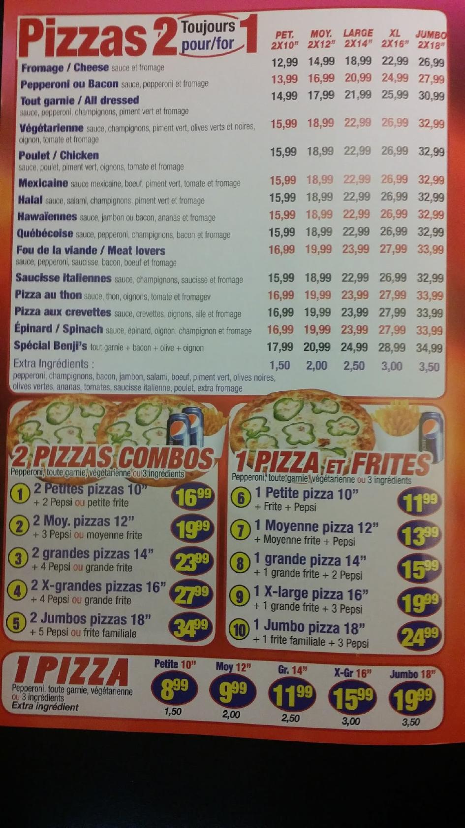 Menu at Pizza Benji pizzeria, Montreal, 732 Rue de Liège O
