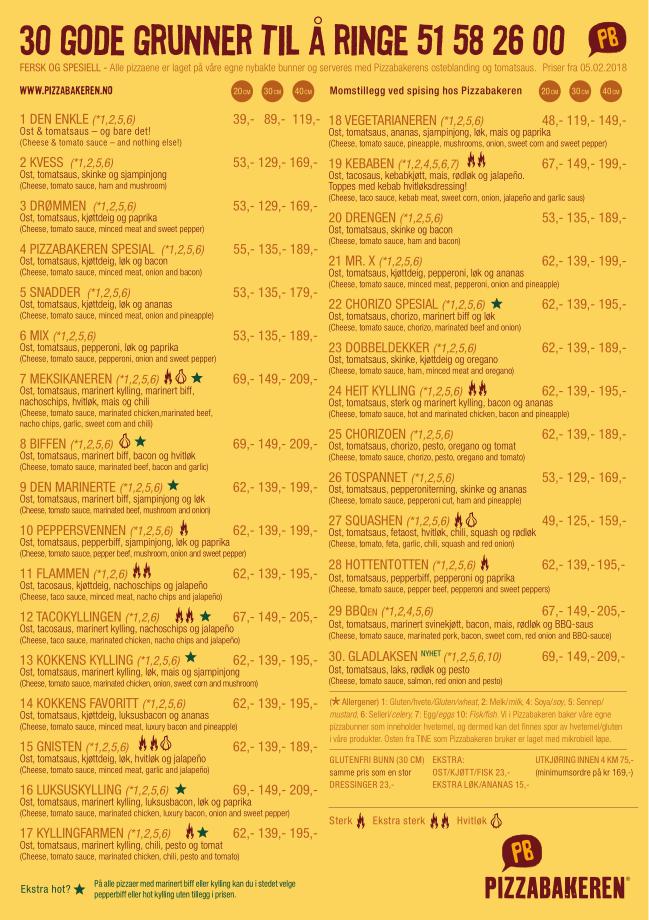 Menu at Pizzabakeren Mariero pizzeria, Stavanger, Langflåtveien 31