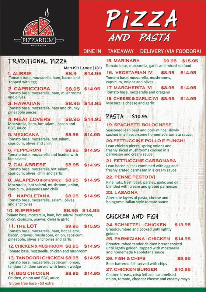 Menu at Pizzarium restaurant, Docklands