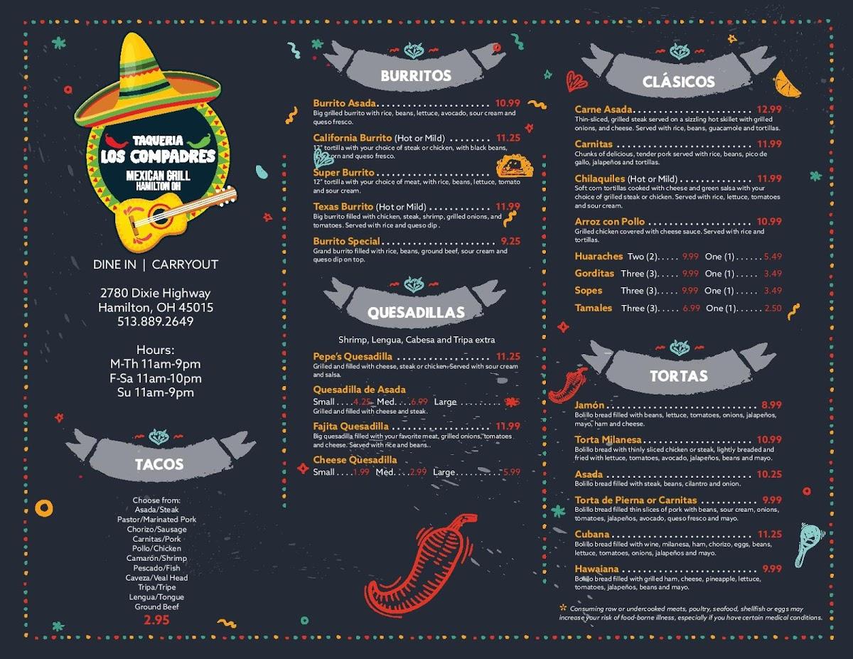 Menu at Taqueria Los Compadres restaurant, Hamilton
