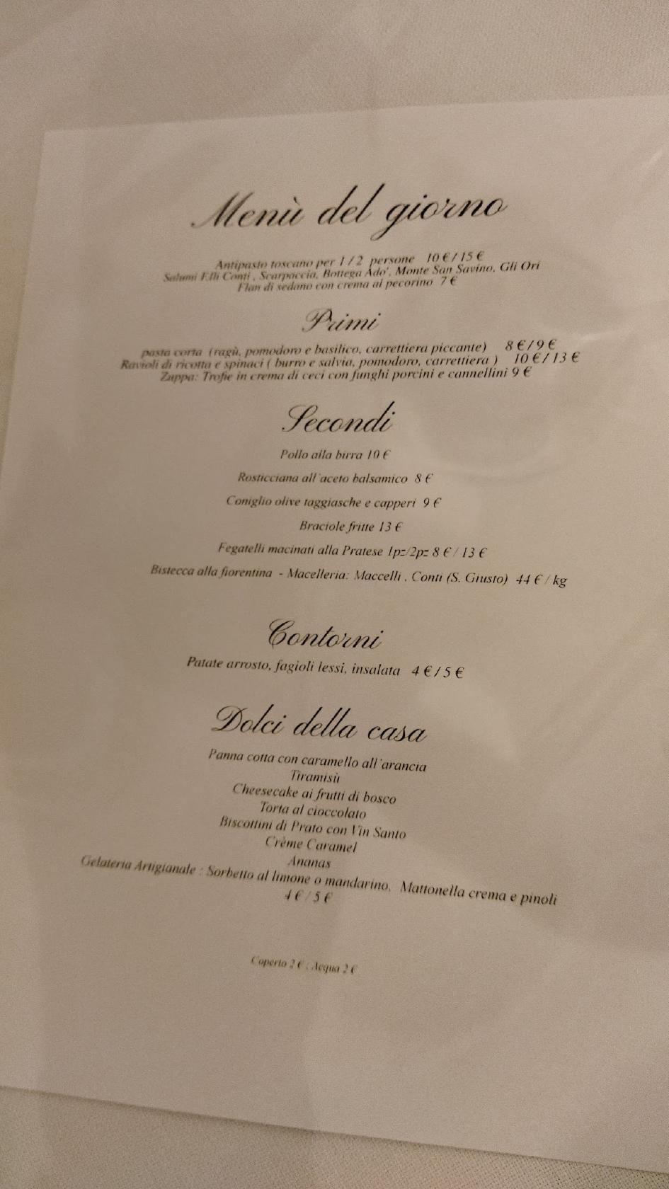 Menu at Trattoria Lapo restaurant, Prato, P.za Mercatale