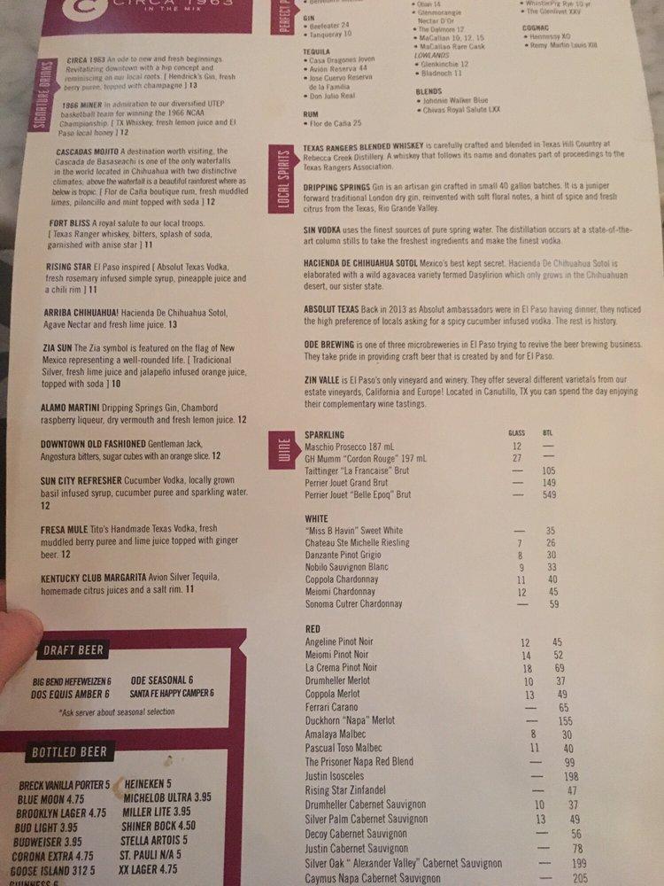 Menu at Circa 1963 pub & bar, El Paso