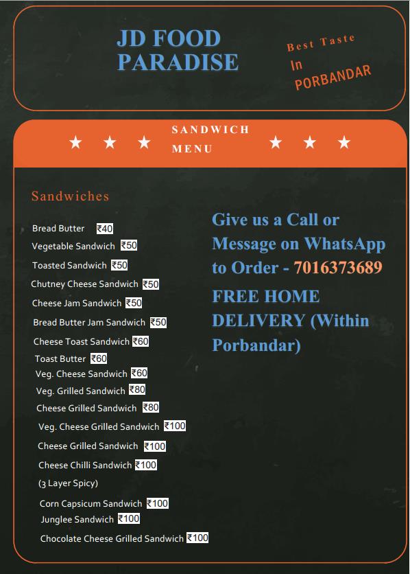Menu at JD Food Paradise, Porbandar