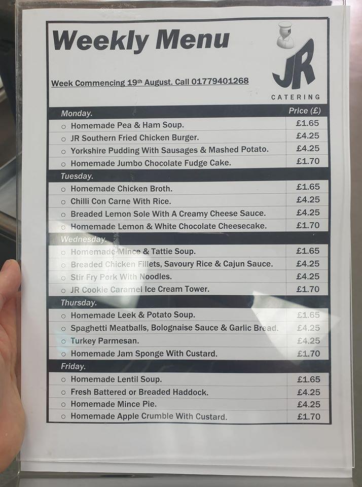 Menu at JR Catering restaurant, Peterhead