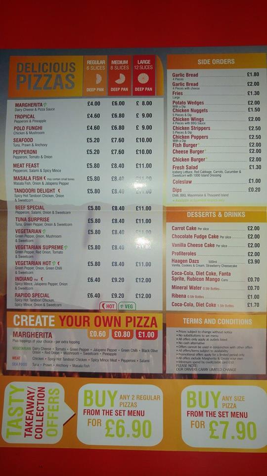 Menu at Pizza Rapido fast food, Birmingham, 788 Stratford Rd
