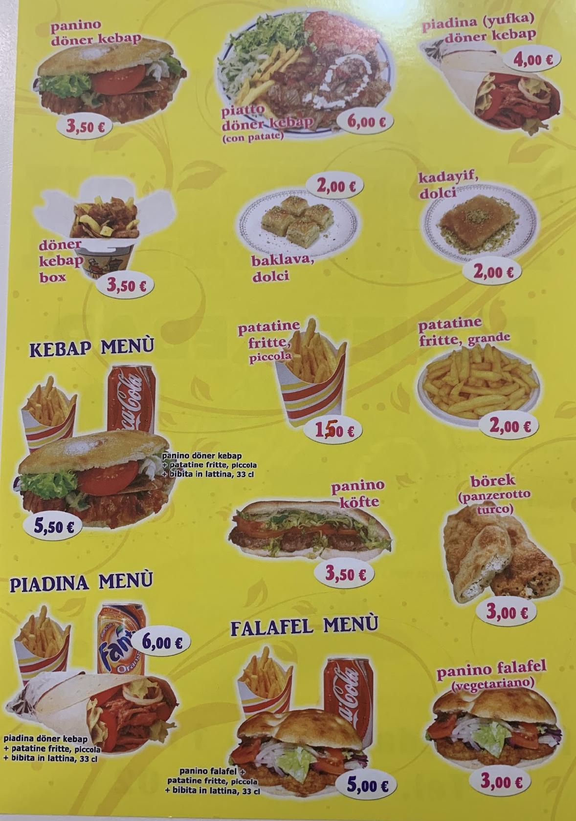 Menu at Turkish Kebab fast food, Brescia