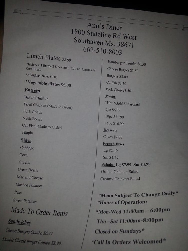 Menu at Ann`s Diner restaurant, Southaven