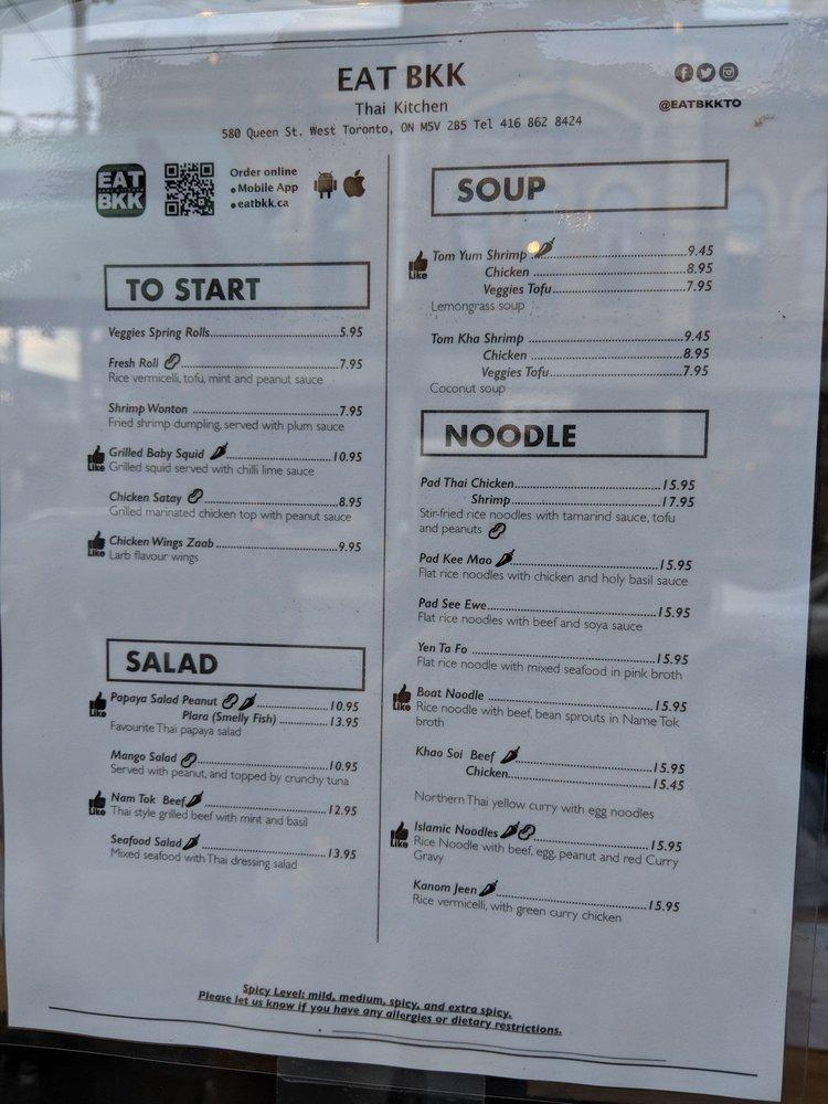 Menu at EAT BKK, Toronto, 580 Queen Street West