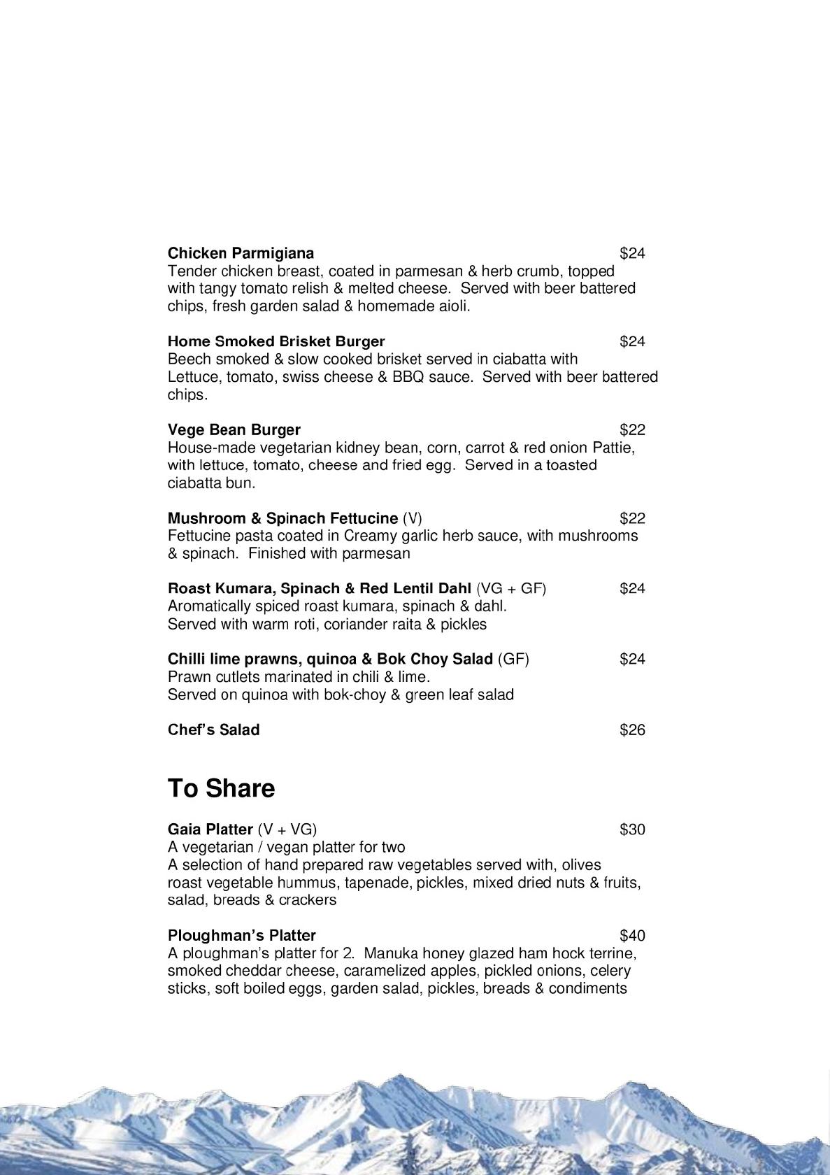 Menu at Fiordland National Park Lodge restaurant, Te Anau