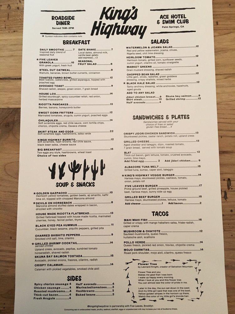 Menu at King's Highway pub & bar, Palm Springs