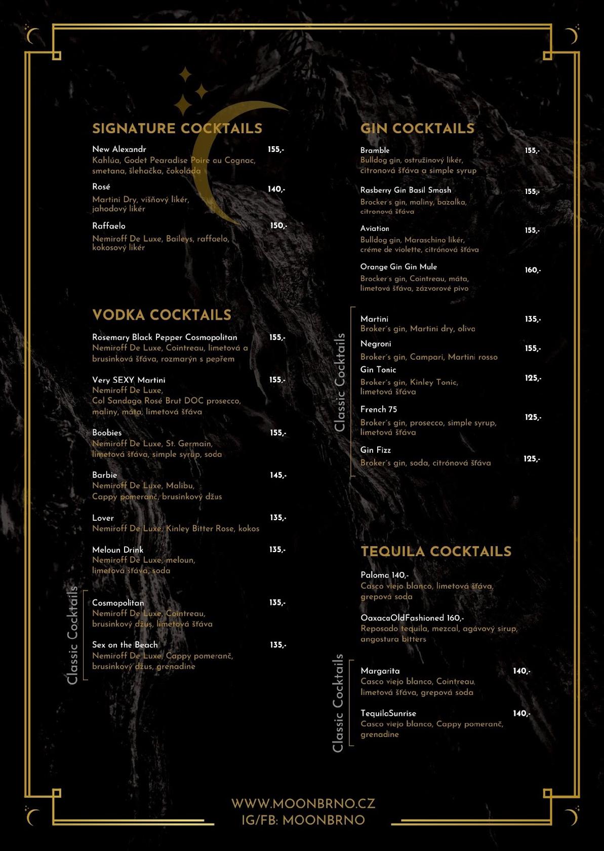 Carta de Moon Cocktail & Sushi Bar, Brno