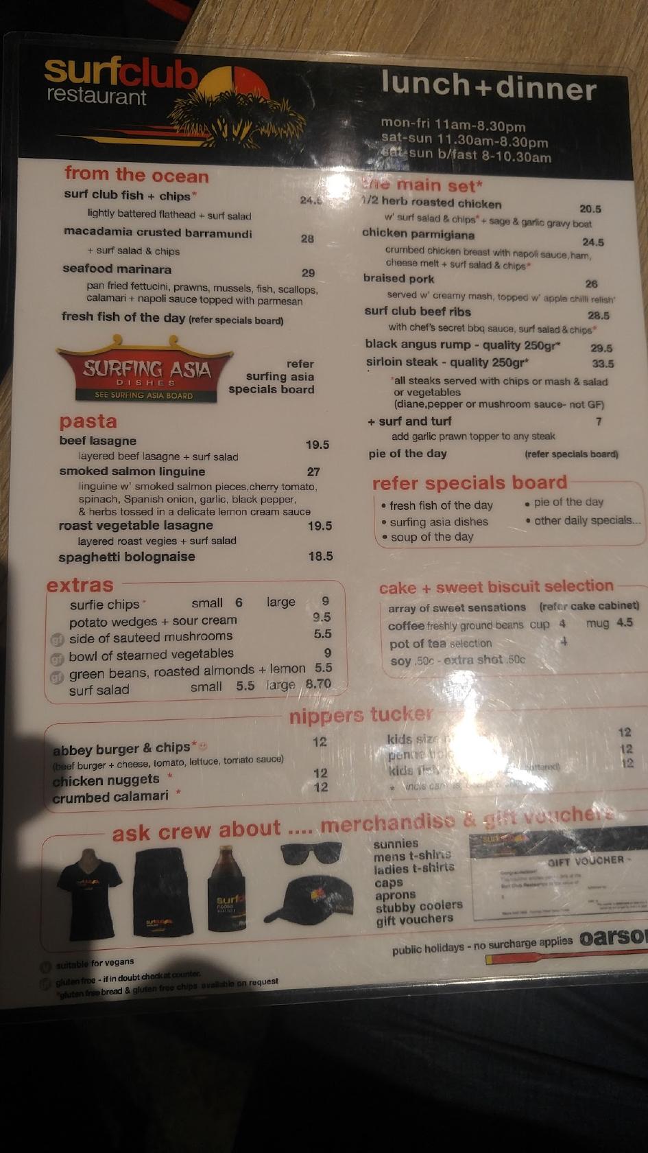 Menu at Noosa Heads Surf Life Saving Club, Noosa Heads