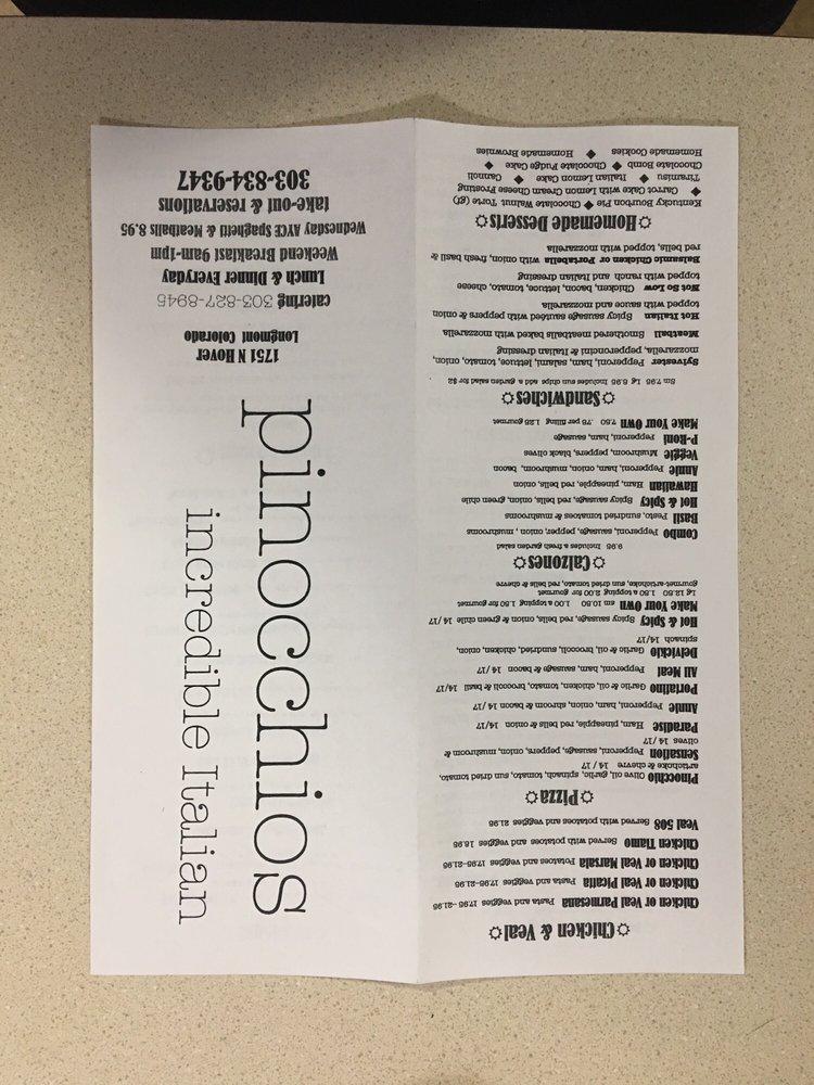 Menu at Pinocchios Incredible Italian restaurant, Longmont, Hover St