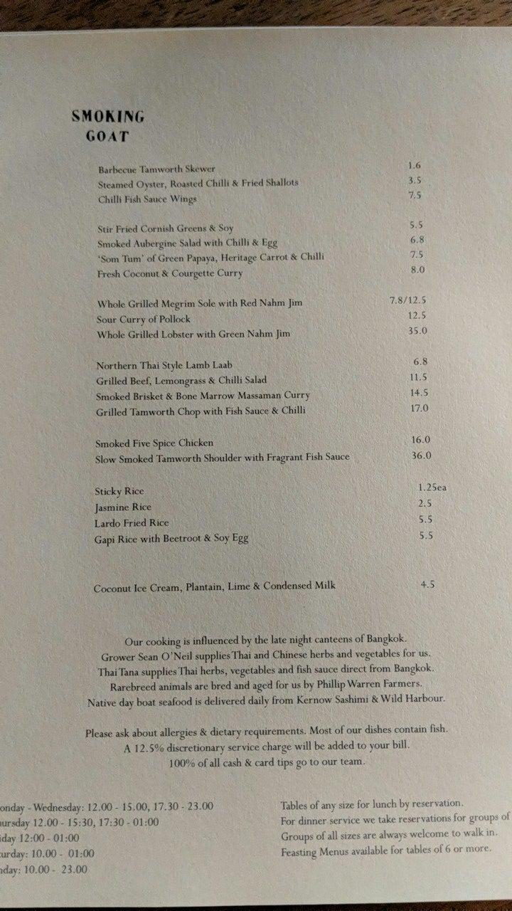 Menu at Smoking Goat Shoreditch pub & bar, London, 64 Shoreditch High St