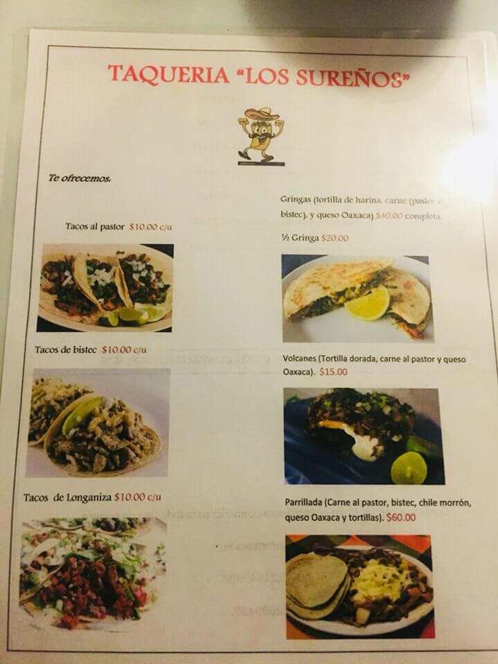 Menu at Taqueria "Los Sureños" restaurant, Ixtlahuaca de Rayón
