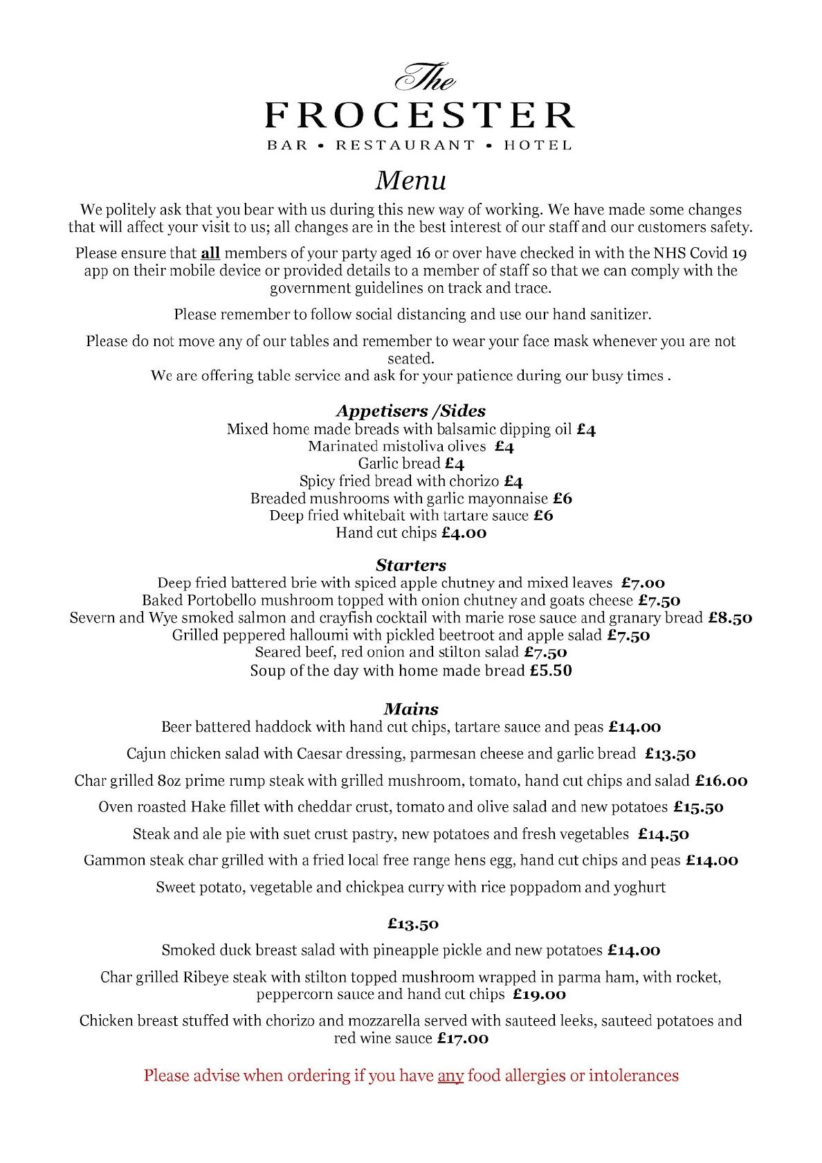 Menu at The Frocester pub & bar, Frocester