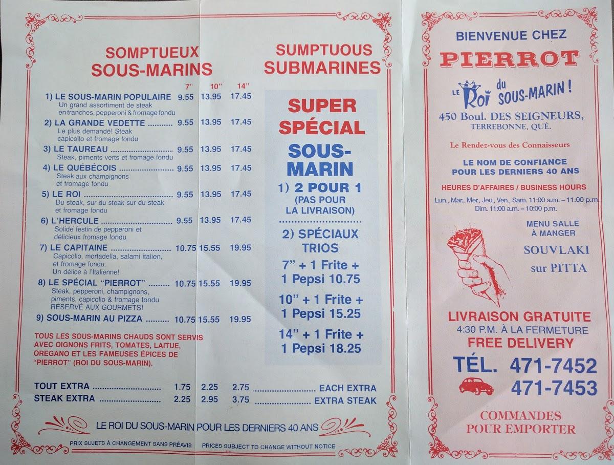 Menu at Chez Pierrot Le Roi du Sous-marin restaurant, Terrebonne