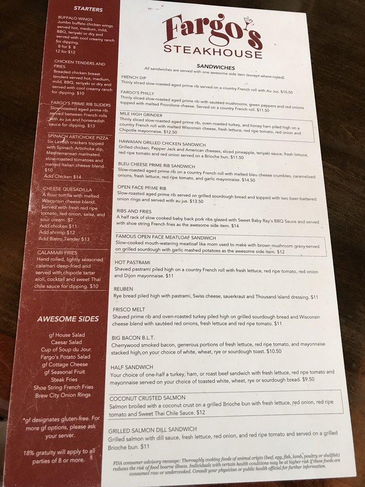 Menu at Fargo's Steakhouse, Payson