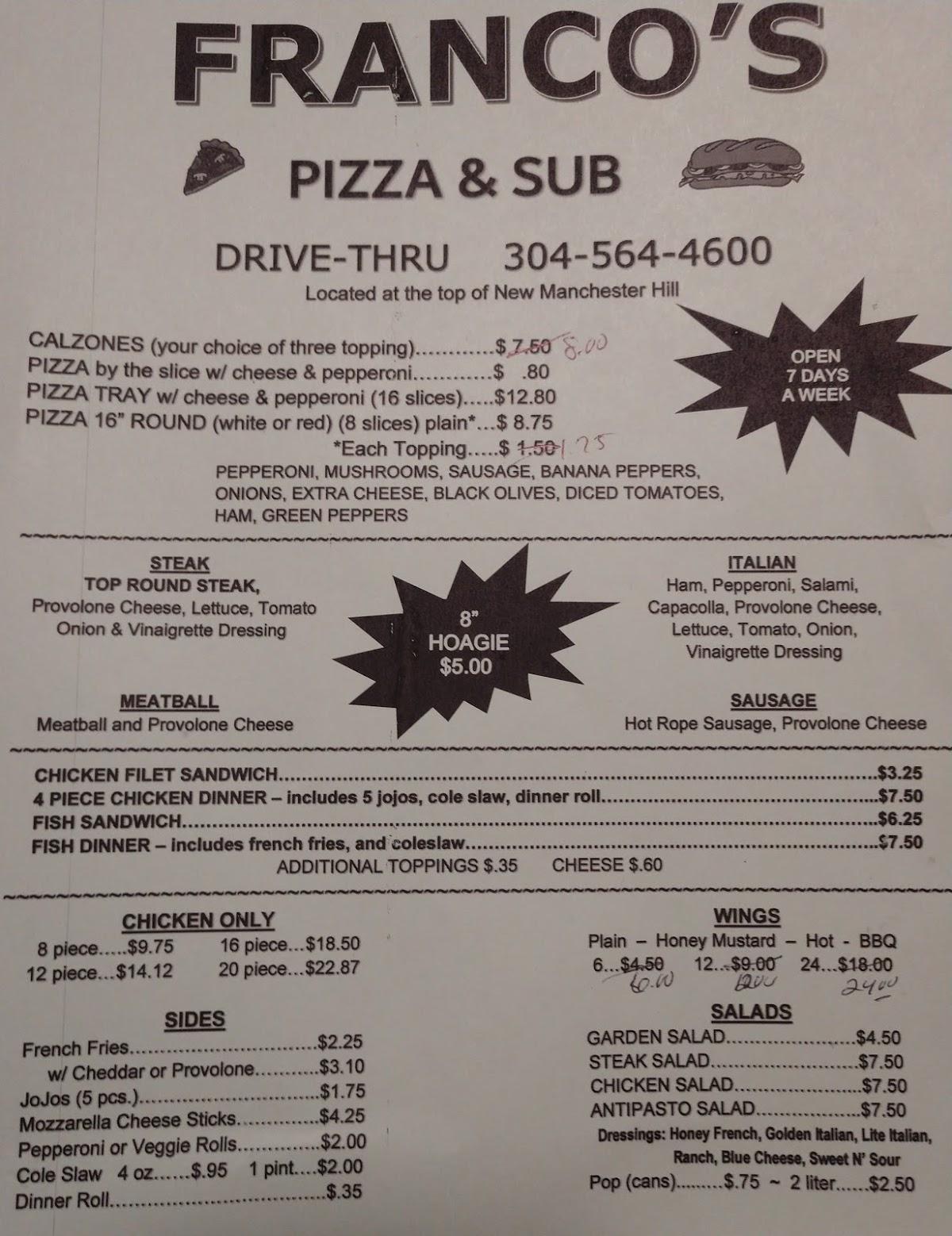 Menu at Franco's Pizza & Sub restaurant, New Manchester