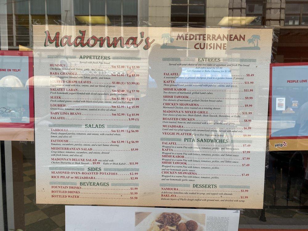 Menu at Madonna's Mediterranean Cuisine restaurant, Pittsburgh