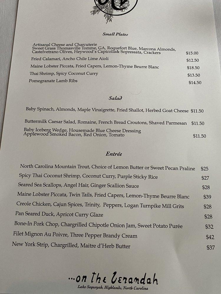 Menu at On The Verandah restaurant, Highlands