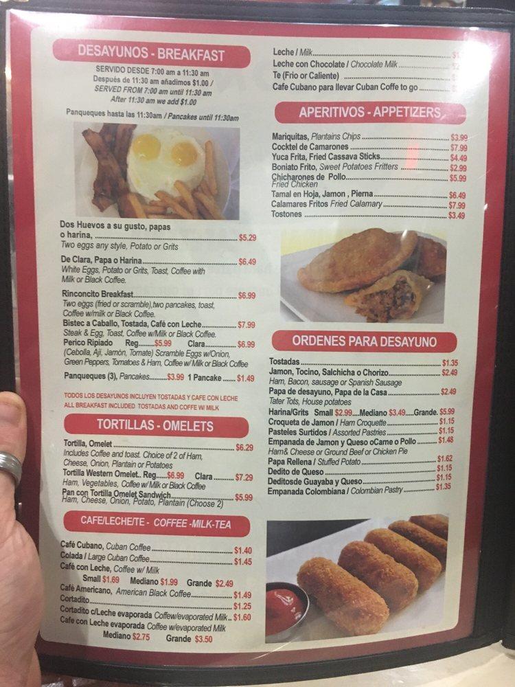 Menu at Rinconcito Cubano Criollo restaurant, Miami, 890 SW 87th Ave
