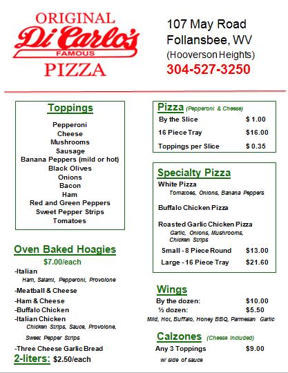Menu at DiCarlo's Pizza pizzeria, Follansbee, 107 May Rd