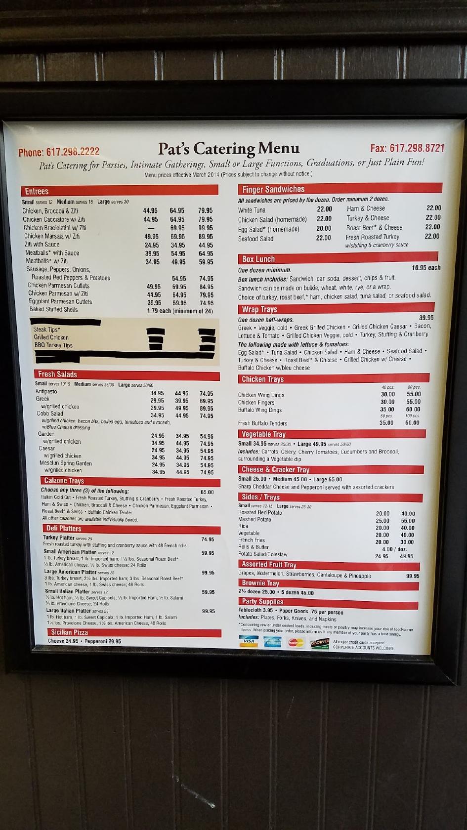 Menu at Pat's Pizza & Catering pizzeria, Boston